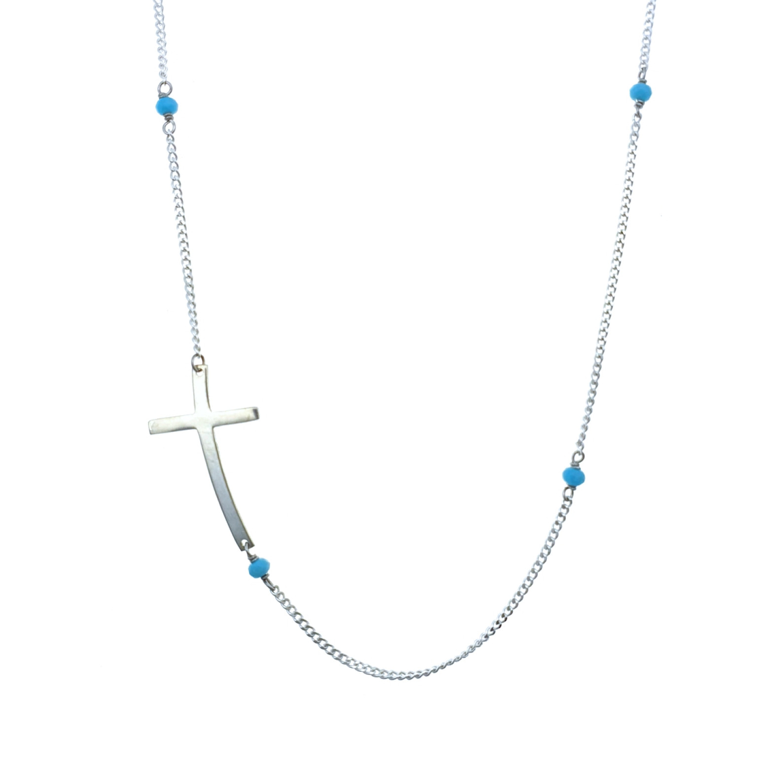 Sterling silver curved 25mm curved cross with blue crystals on a curb ...
